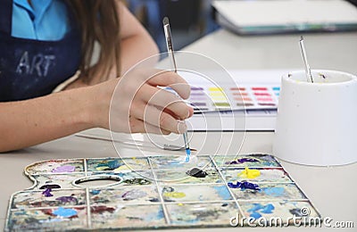 Visual Art Education Classroom Series. Blurred Students Drawing ...