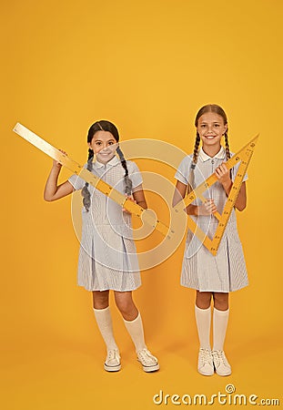 Study Math. School Students Study Math. Pupil School Girls Rulers ...