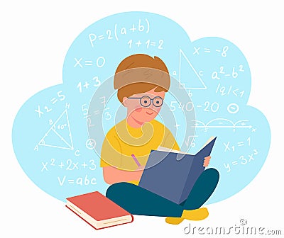 Studying Boy. Child Learning Math. School Kids Education. Calculate ...