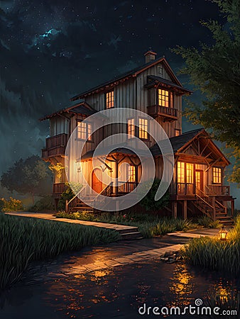Stunning Realistic House Exterior At Night Environment Stock ...