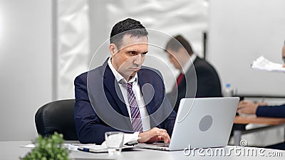 Stylish Busy Man Boss Typing Using Computer Pc at Workplace Coworkers ...