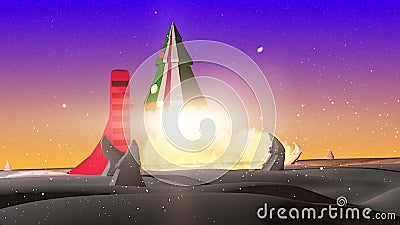 A Stylized Animated Christmas Tree Rocket Takes Off from a Winter ...