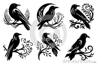 Stylized Crow Vector Set Raven & Bird Silhouette Illustrations ...