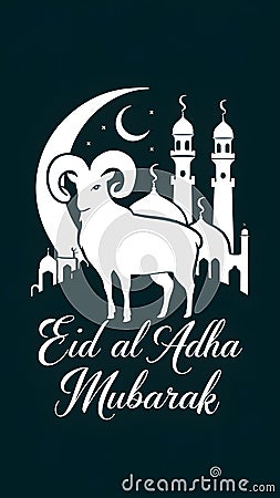 Stylized Eid Al Adha Design With White Ram, Crescent Moon, Mosques, And ...