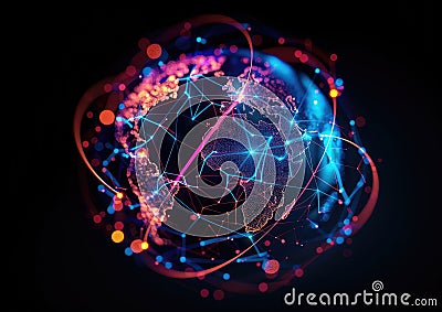 A Stylized Globe, With Continents Outlined In Neon Light, Connected By A Network Of Pulsating ...