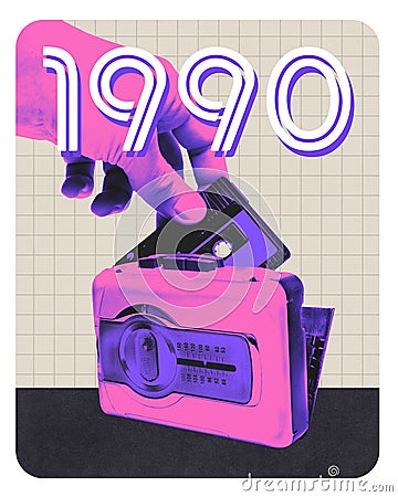 Stylized Hand Inserts Tape Into Pink Cassette Player With Bold 1990 ...