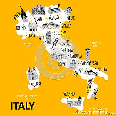 Stylized Map Of Italy With Main Attractions And Landmarks. Vector ...