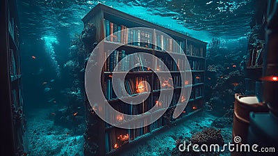 Submerged Library In Underwater Coral Reef Environment With Glowing ...