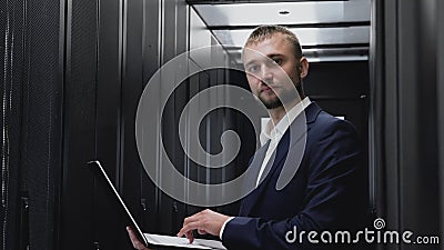 Success Busy Engineer Programmer Working with Servers and Smile Stock ...