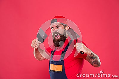 Successful Renovation. Bearded Man Worker With Plastering Tools ...