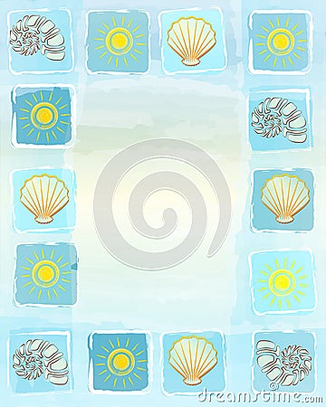 Summer Frame Background With Suns, Shells And Scallops In Square ...