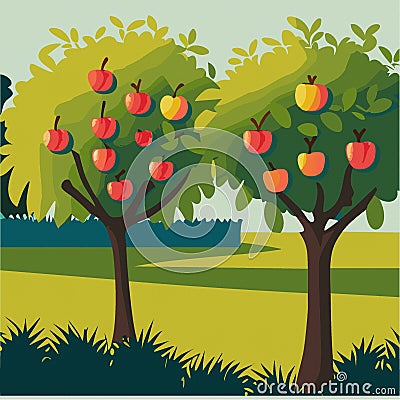 Summer Landscape Apple Orchard Grden With Apple Trees Vector ...