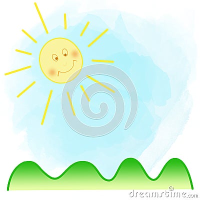 Sun, Blue Sky And Green Grass, Background Cartoon Vector ...