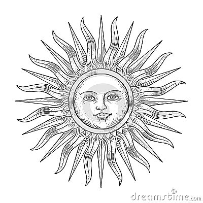 Sun With Face Engraving Style Vector Illustration Stock Vector - Image ...