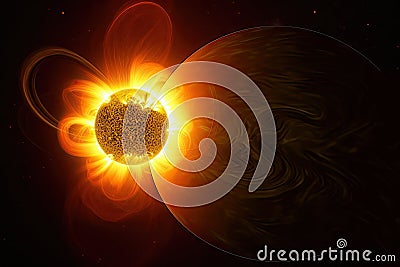 The Sun, With Flares And Coronal Loops Visible, And The Moon In The ...