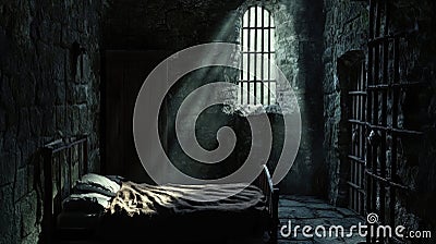 Sunlight Streaming Through Bars Illuminates Dark Stone Prison Cell With ...
