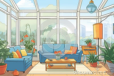 Sunroom Interior With A View Of A Lush Backyard, Magazine Style ...