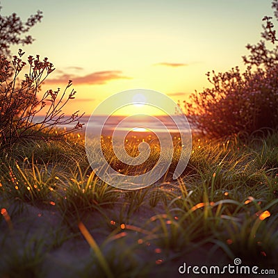 Sunset Hues Transform A Green Grass Scene Into A Tranquil Setting Stock ...