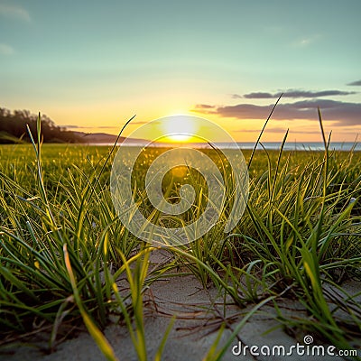 Sunset Hues Transform A Green Grass Scene Into A Tranquil Setting Stock ...