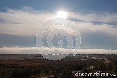 Sunset And Looming Fog. Trees And Bushes In The Distance Royalty-Free ...