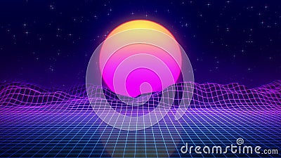 Sunset, Neon Grid, and Terrain, 80 S Retro Wave Background Stock Video ...