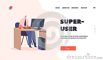 Super User Landing Page Template. Man Sysadmin Or Coder At Work On Computer In Office. Male ...