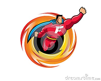 Superhero Fly Breaking Circular Ring Of Fire Vector Illustration ...