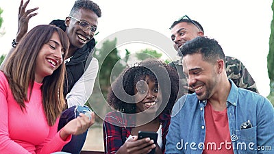 Surprised Group of Friends Laughing while Looking at Mobile Stock ...