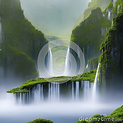 A Surreal Dreamscape Of Floating Islands, With Waterfalls Cascading ...