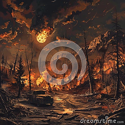 A Surreal Illustration Reflecting The Destruction Caused By Wildfires ...