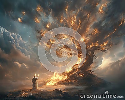 A Surreal Vision Of A Burning Bush, Flames Taking The Shape Of ...