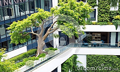 Sustainable Office Building With A Striking Tree Growing Through A ...