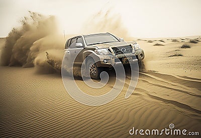 SUV Drives Through Desert Dunes, Kicking Up Dust Stock Photography ...