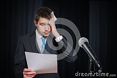 Sweating Nervous Speaker Is Afraid Of Public Speech. Microphone In ...