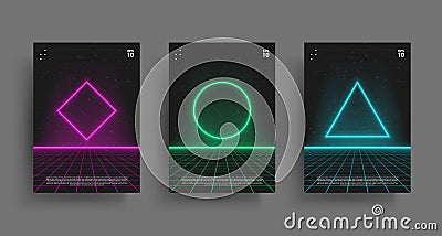 Synthwave Poster Set. Glowing Geometry Shapes With Laser Perspective ...