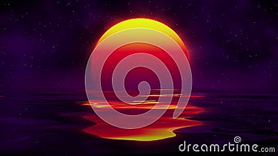 Synthwave Style Sunset Above the Reflecting Water of the Sea. Retrowave ...