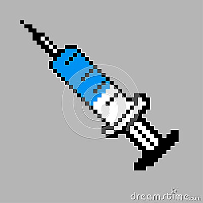 Syringe With Blue Medicine In Pixel Art Style Cartoon Vector ...
