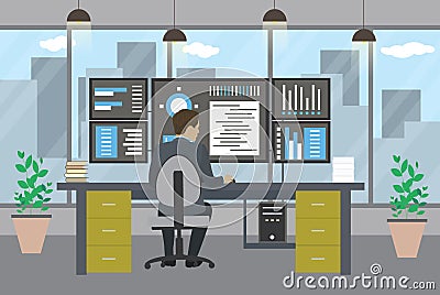System Administrator Working In Modern Office Vector Illustration ...