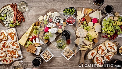 Table with Wine Appetize and Cheese Plates, Top View. Time Lapse, Stock ...