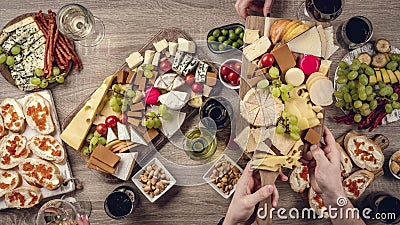 Table with Wine Appetize and Cheese Plates, Top View. Time Lapse, Stock ...