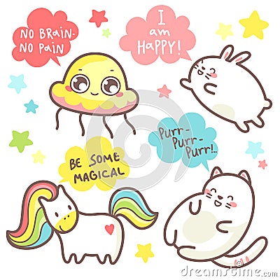 Talking Cute Kawaii Characters With Hand Lettering. Vector Illustration ...