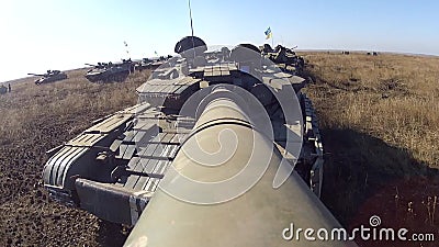 Tank with Camera on the Large-calibre Cannon is Rotating Its Gun Turret ...