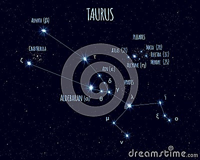 Taurus Constellation, Vector Illustration With The Names Of Basic Stars ...