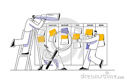 The Team Is Bustling Around The Kanban Board. Vector Illustration | CartoonDealer.com #258858694