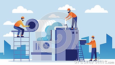 A Team Of Technicians Working On A Rooftop Installing An Intricate Duct ...