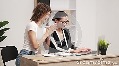 Teamwork Process. Two Women with Laptop in Work Together Stock Footage ...