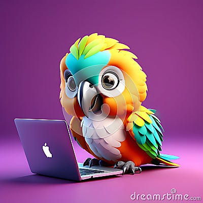Tech-Savvy Parrot: A Cute 3D Render Of A Parrot Using A Laptop On A ...