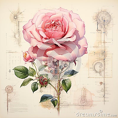 Technical Blueprint Drawing Of A Light Pink Rose Royalty-Free ...