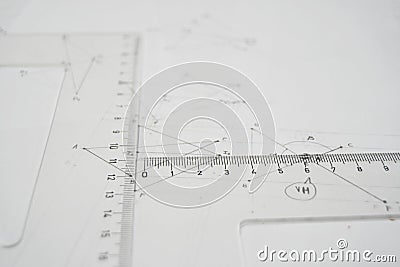 Technical Drawing With Rulers, Set Square, Paper Stock Image ...