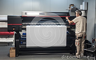 Technician Operator Works On Large Premium Industrial Printer Plotter ...